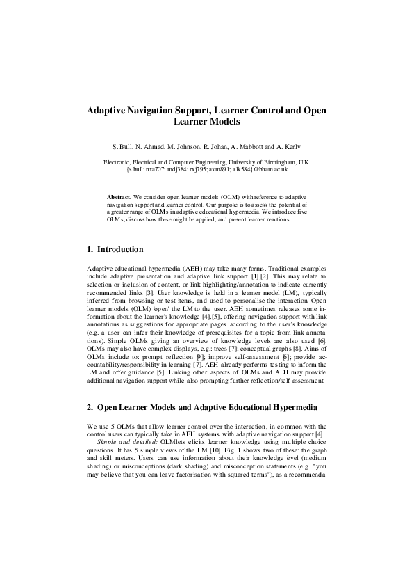 (PDF) Adaptive Navigation Support, Learner Control and Open Learner Models
