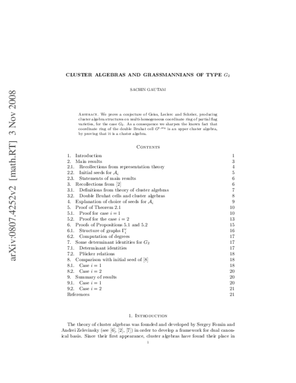 (PDF) Cluster Algebras and Grassmannians of Type G 2