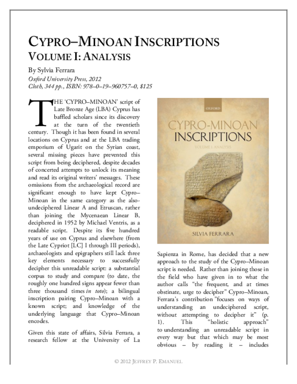 (PDF) [Book Review] "Cypro-Minoan Inscriptions: Volume I: Analysis," by ...