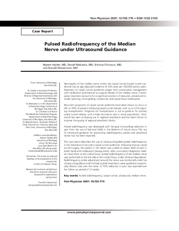 (PDF) Pulsed Radiofrequency of the Median Nerve under Ultrasound Guidance