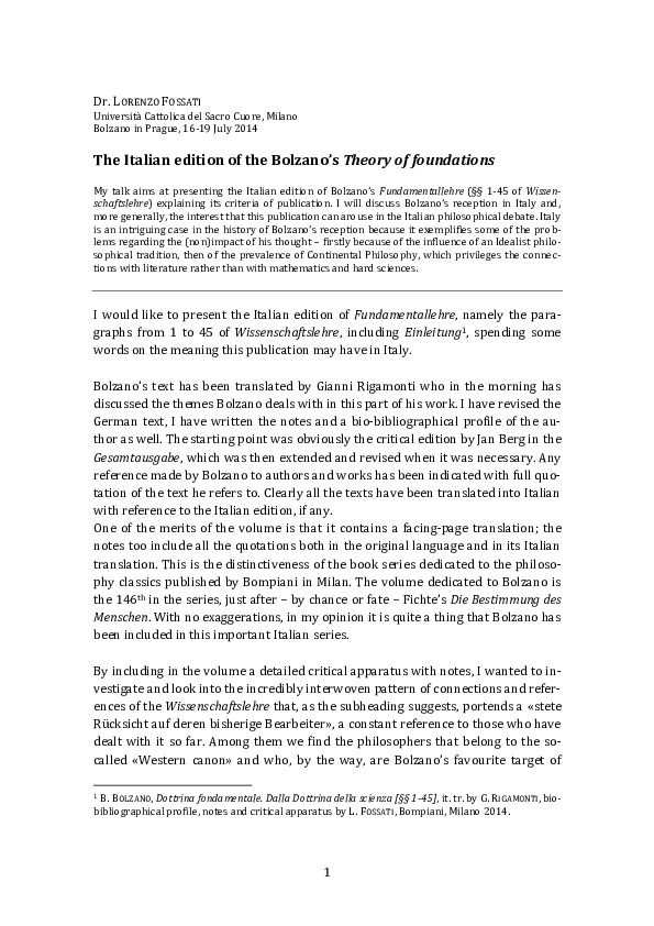 (PDF) The Italian Edition of the Bolzano’s "Theory of foundations"