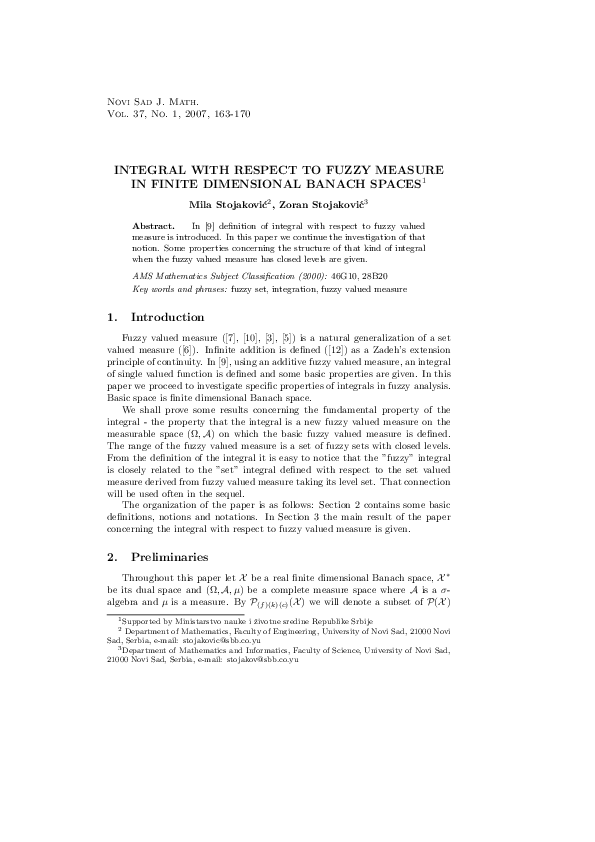 Pdf Integral With Respect To Fuzzy Measure In Finite Dimensional Banach Spaces1
