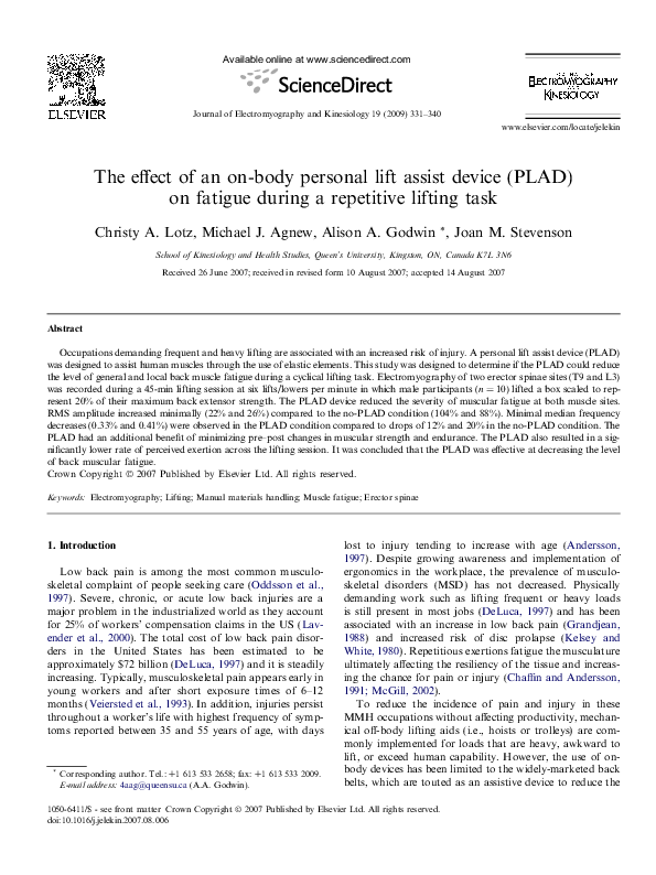 (PDF) The effect of an on-body personal lift assist device (PLAD) on ...