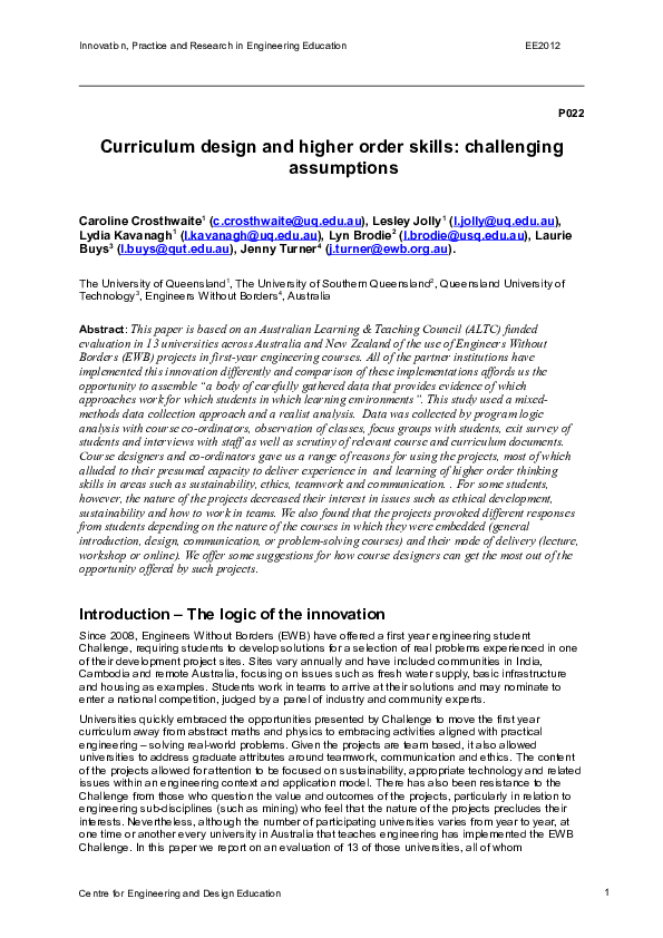 (DOC) Curriculum design and higher order skills: challenging assumptions