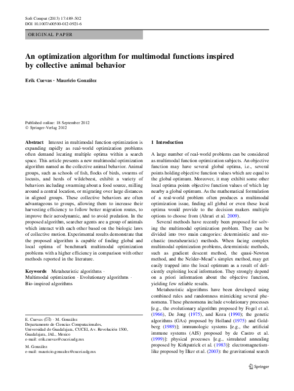 (PDF) An optimization algorithm for multimodal functions inspired by collective animal behavior