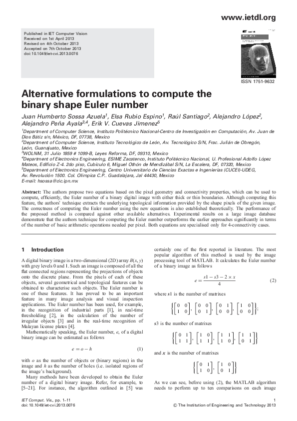 Pdf Alternative Formulations To Compute The Binary Shape Euler Number