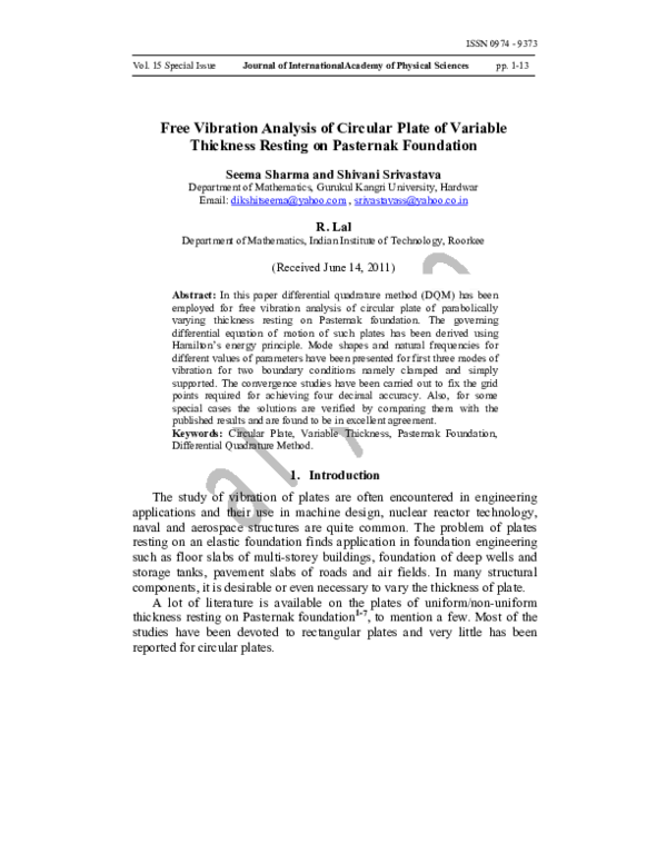 Pdf Free Vibration Analysis Of Circular Plate Of Variable Thickness Resting On Pasternak