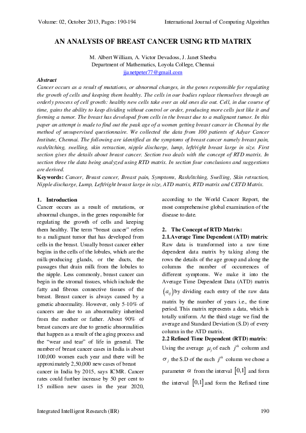 (PDF) AN ANALYSIS OF BREAST CANCER USING RTD MATRIX