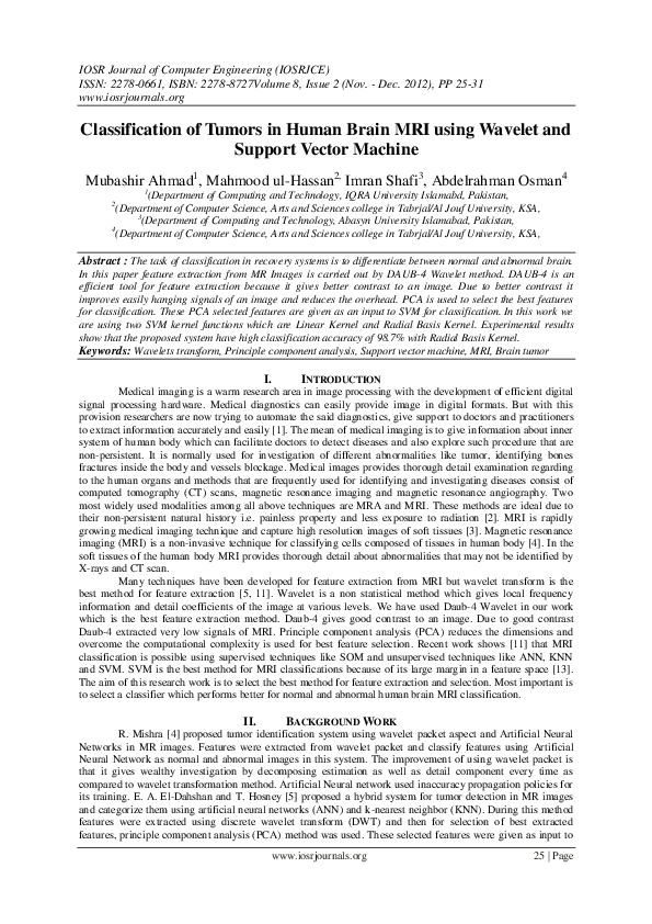 (PDF) Classification of Tumors in Human Brain MRI using Wavelet and ...