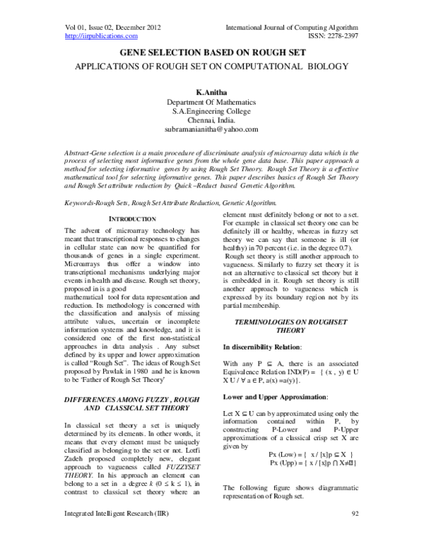 Pdf Gene Selection Based On Rough Set Applications Of Rough Set On Computational Biology