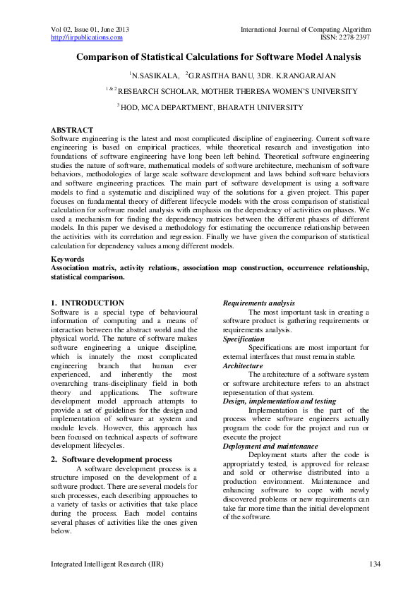 (PDF) Comparison of Statistical Calculations for Software Model Analysis 1