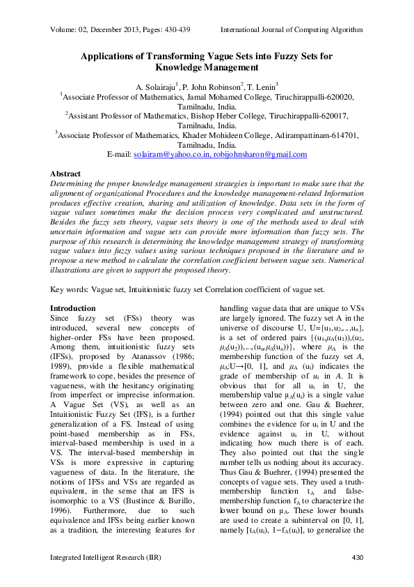 Pdf Applications Of Transforming Vague Sets Into Fuzzy Sets For Knowledge Management