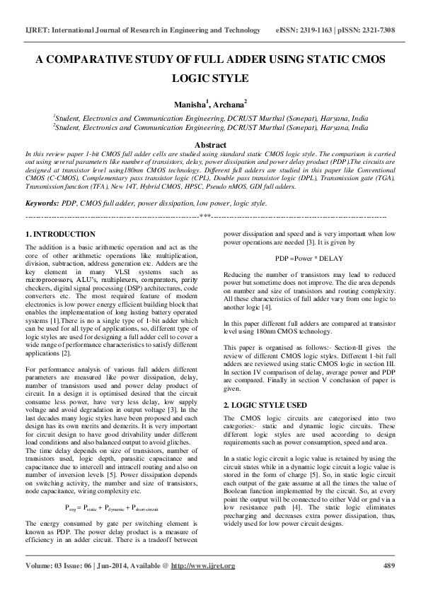 (PDF) A COMPARATIVE STUDY OF FULL ADDER USING STATIC CMOS LOGIC STYLE