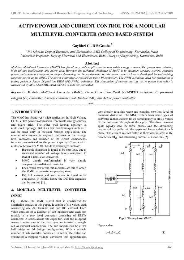 (PDF) ACTIVE POWER AND CURRENT CONTROL FOR A MODULAR MULTILEVEL ...