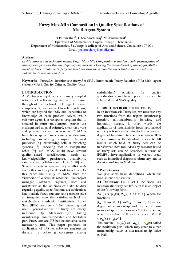 Pdf Fuzzy Max Min Composition In Quality Specifications Of Multi Agent System
