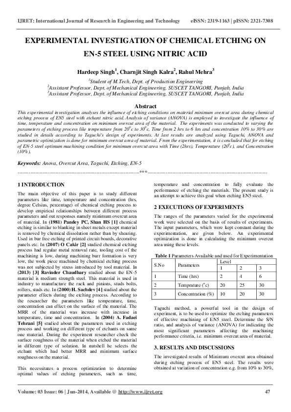(PDF) EXPERIMENTAL INVESTIGATION OF CHEMICAL ETCHING ON EN-5 STEEL ...