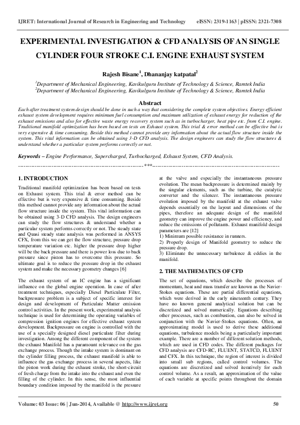 (PDF) EXPERIMENTAL INVESTIGATION & CFD ANALYSIS OF AN SINGLE CYLINDER FOUR STROKE C.I. ENGINE ...