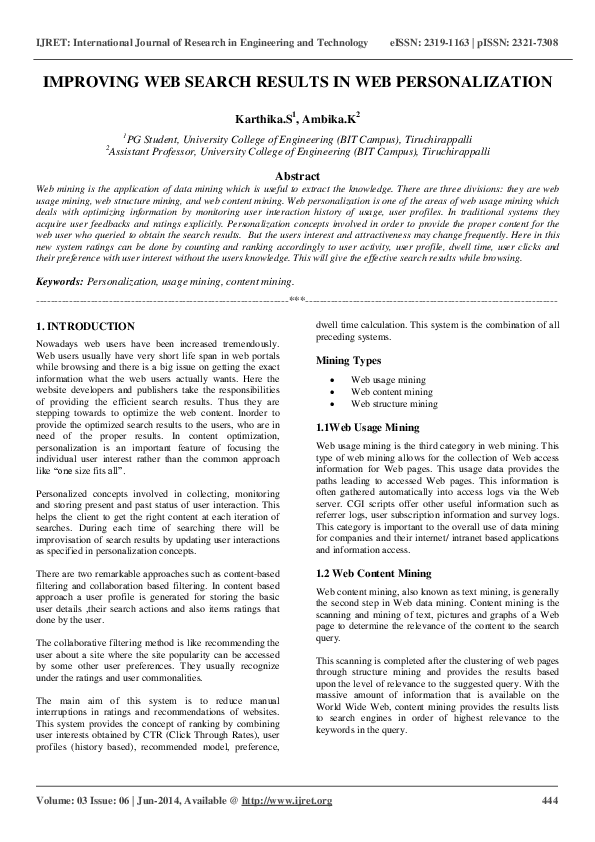 (PDF) IMPROVING WEB SEARCH RESULTS IN WEB PERSONALIZATION