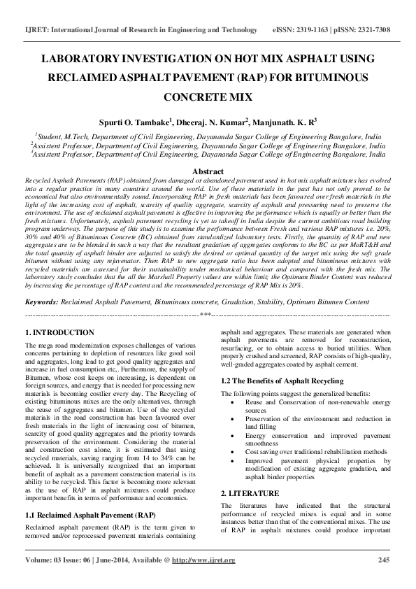 (PDF) LABORATORY INVESTIGATION ON HOT MIX ASPHALT USING RECLAIMED ASPHALT PAVEMENT (RAP) FOR ...