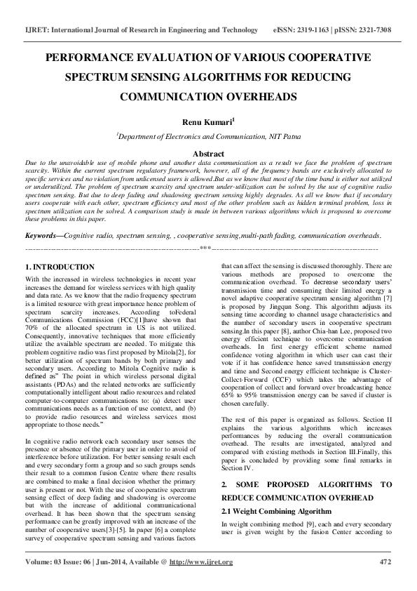 Pdf Performance Evaluation Of Various Cooperative Spectrum Sensing Algorithms For Reducing