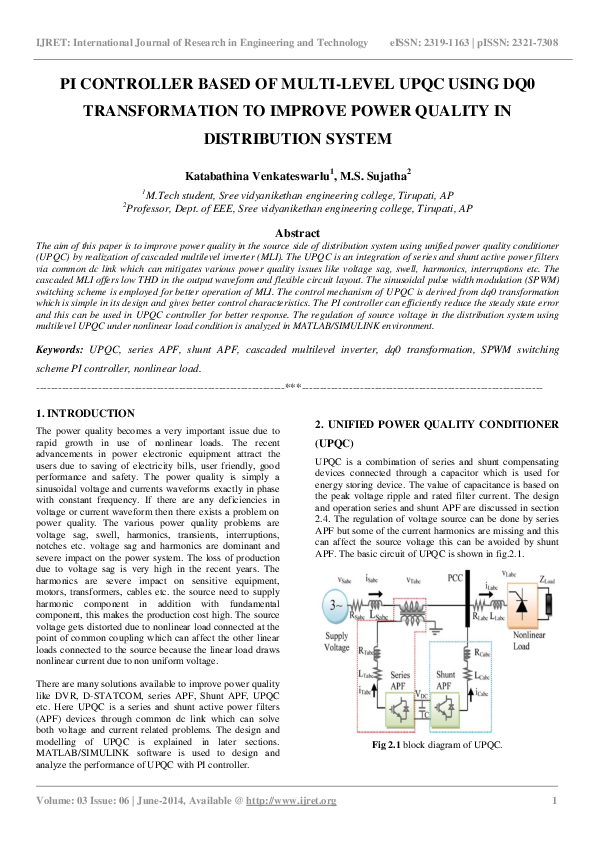 Pdf Pi Controller Based Of Multi Level Upqc Using Dq0 Transformation