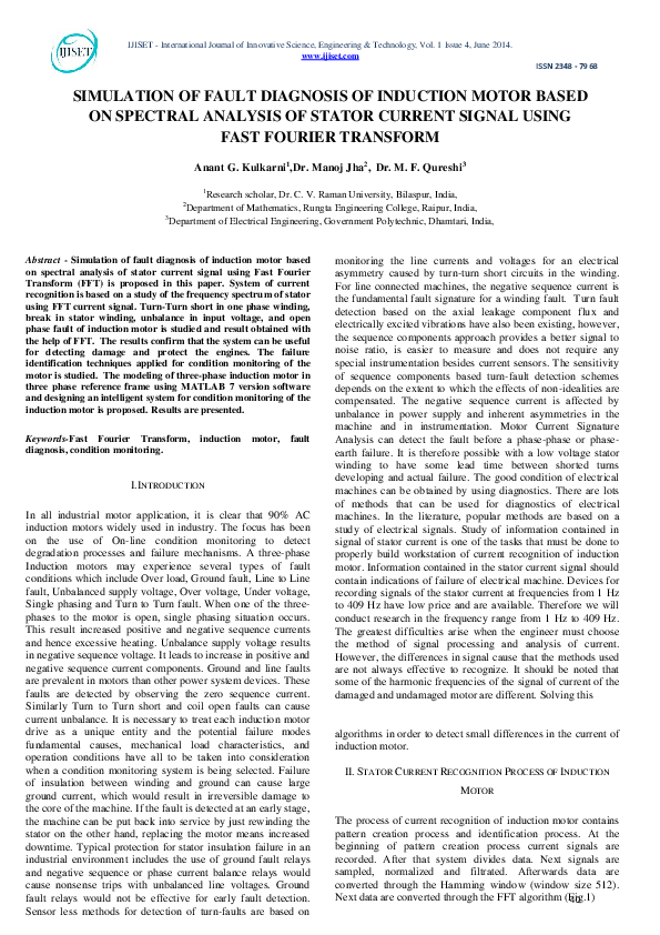 Pdf Simulation Of Fault Diagnosis Of Induction Motor Based On Spectral Analysis Of Stator