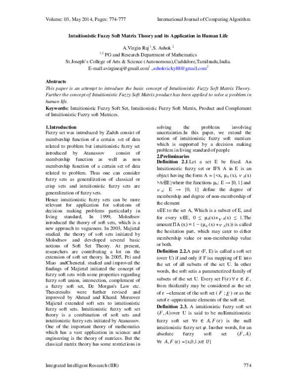 Pdf Intuitionistic Fuzzy Soft Matrix Theory And Its Application In