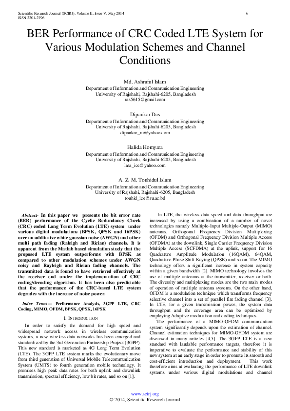 Pdf Ber Performance Of Crc Coded Lte System For Various Modulation