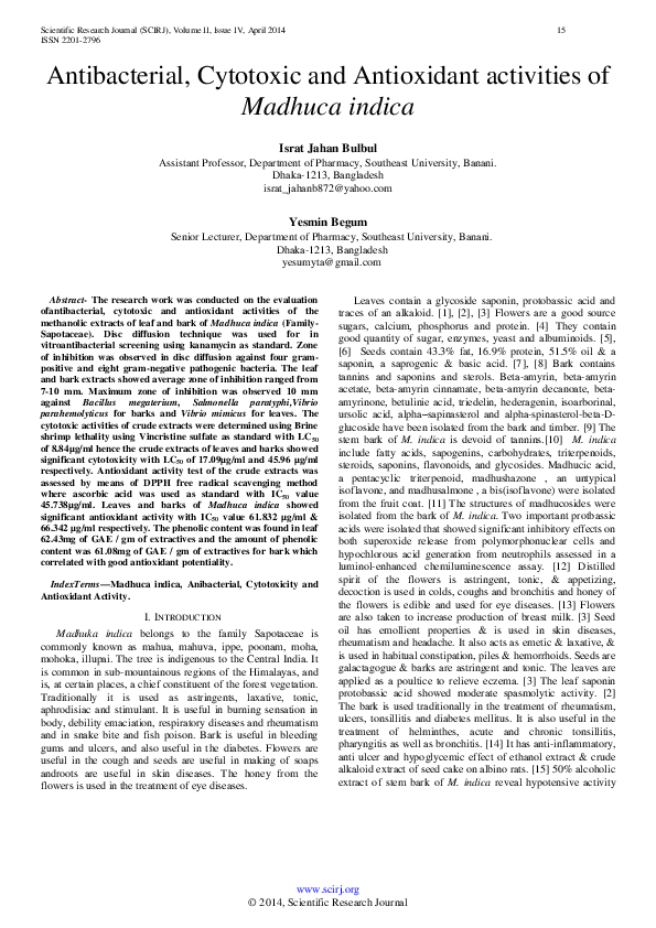 (PDF) Antibacterial, Cytotoxic and Antioxidant activities of Madhuca indica