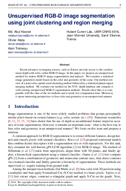 Pdf Unsupervised Rgb D Image Segmentation Using Joint Clustering And Region Merging Bmvc 2014