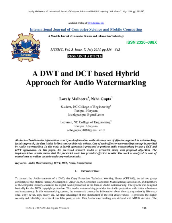 (PDF) A DWT and DCT based Hybrid Approach for Audio Watermarking﻿