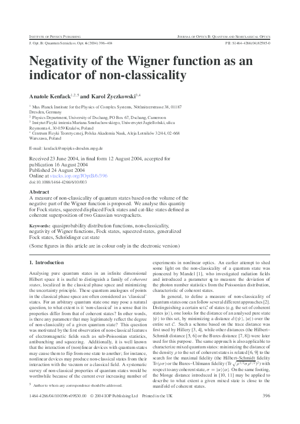 (PDF) Negativity of the Wigner function as an indicator of non-classicality