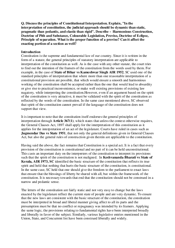 (DOC) Q. Discuss the principles of Constitutional Interpretation