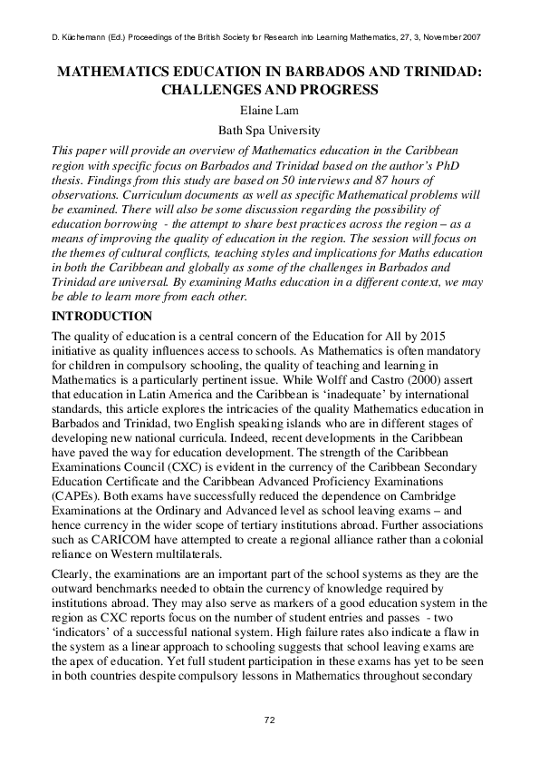 (PDF) MATHEMATICS EDUCATION IN BARBADOS AND TRINIDAD: CHALLENGES AND PROGRESS