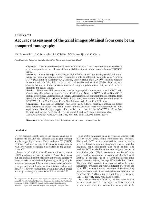 Pdf Accuracy Assessment Of The Axial Images Obtained From Cone Beam Computed Tomography