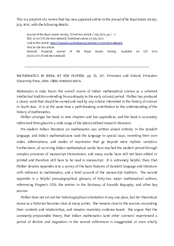 Review of: Kim Plofker, Mathematics in India (Princeton, 2009)