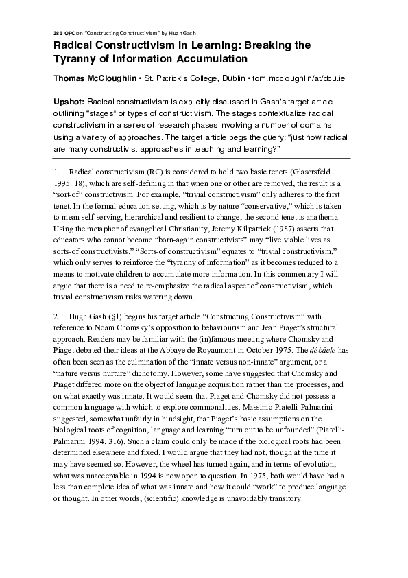 Radical Constructivism in Learning: Breaking the Tyranny of Information ...