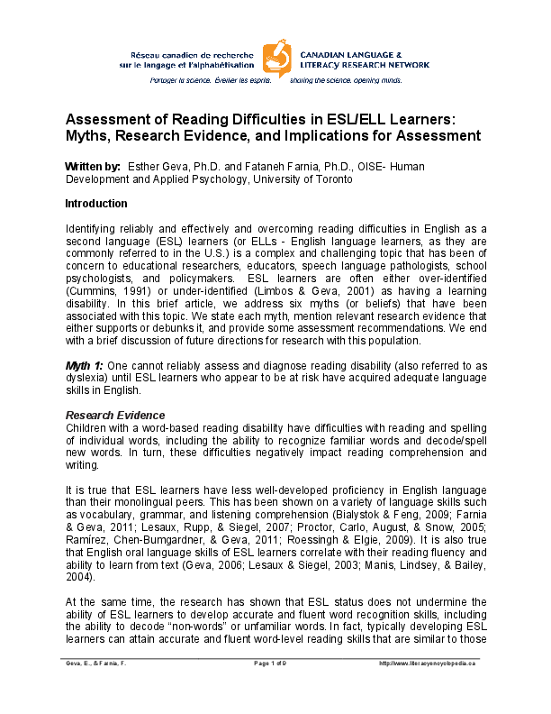 (PDF) Assessment of Reading Difficulties in ESL/ELL Learners: Myths ...