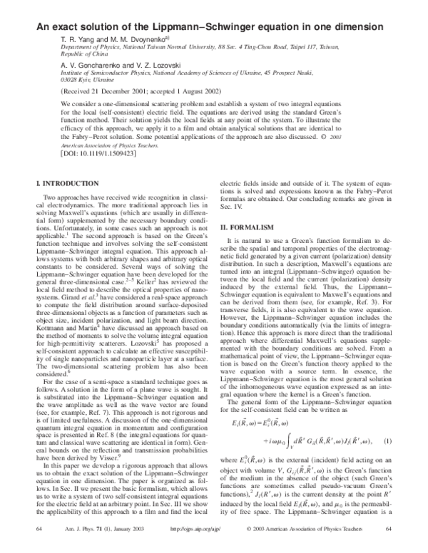 (PDF) An exact solution of the Lippmann-Schwinger equation in one ...