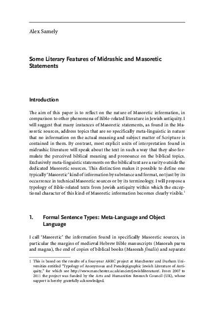 Samely, Some Literary Features of Midrashic and Masoretic Statements ...