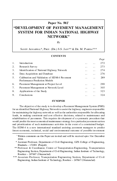 (PDF) DEVELOPMENT OF PAVEMENT MANAGEMENT SYSTEM FOR INDIAN NATIONAL HIGHWAY NETWORK”
