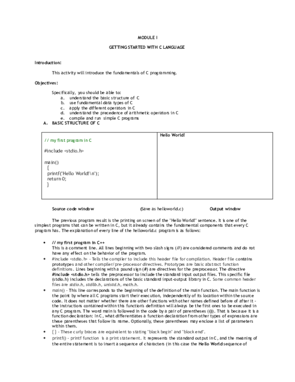 (DOC) MODULE I GETTING STARTED WITH C LANGUAGE Introduction