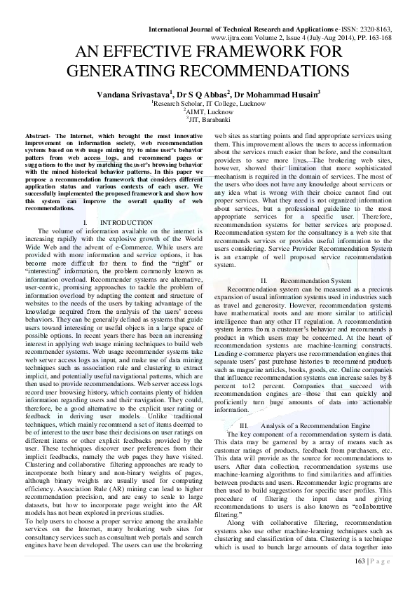 (PDF) AN EFFECTIVE FRAMEWORK FOR GENERATING RECOMMENDATIONS