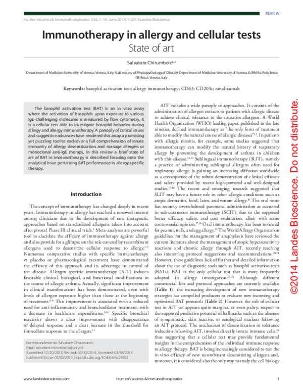 (PDF) Immunotherapy in allergy and cellular tests State of art