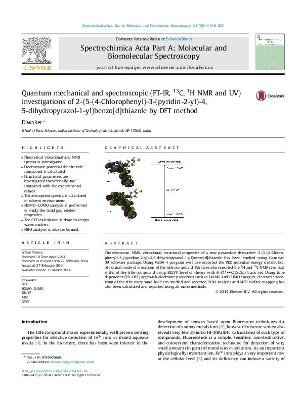 (PDF) Quantum mechanical and spectroscopic (FT-IR, 13C, 1H NMR and UV) investigations of 2-(5-(4 ...