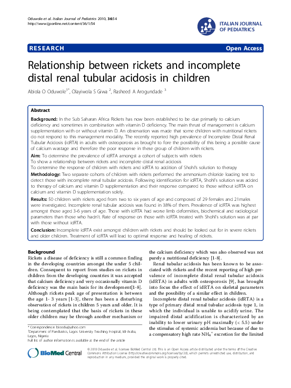 (PDF) Relationship between rickets and incomplete distal renal tubular ...
