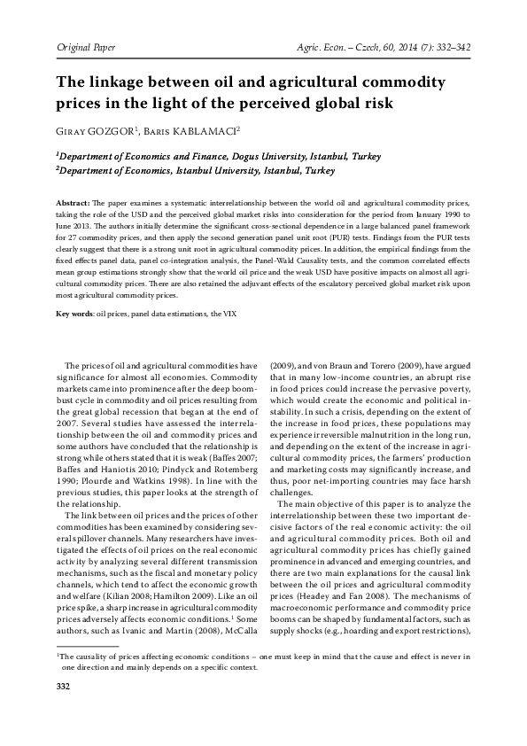 (PDF) The linkage between oil and agricultural commodity prices in the ...