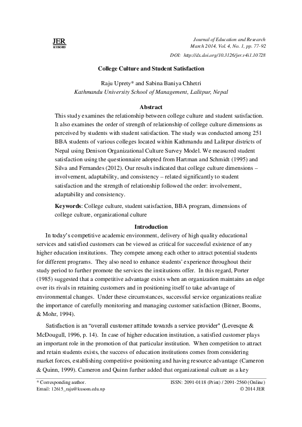 (PDF) College Culture and Student Satisfaction