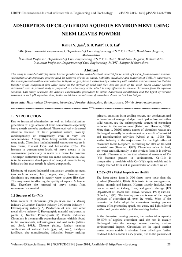 (PDF) ADSORPTION OF CR-(VI) FROM AQUEOUS ENVIRONMENT USING NEEM LEAVES POWDER