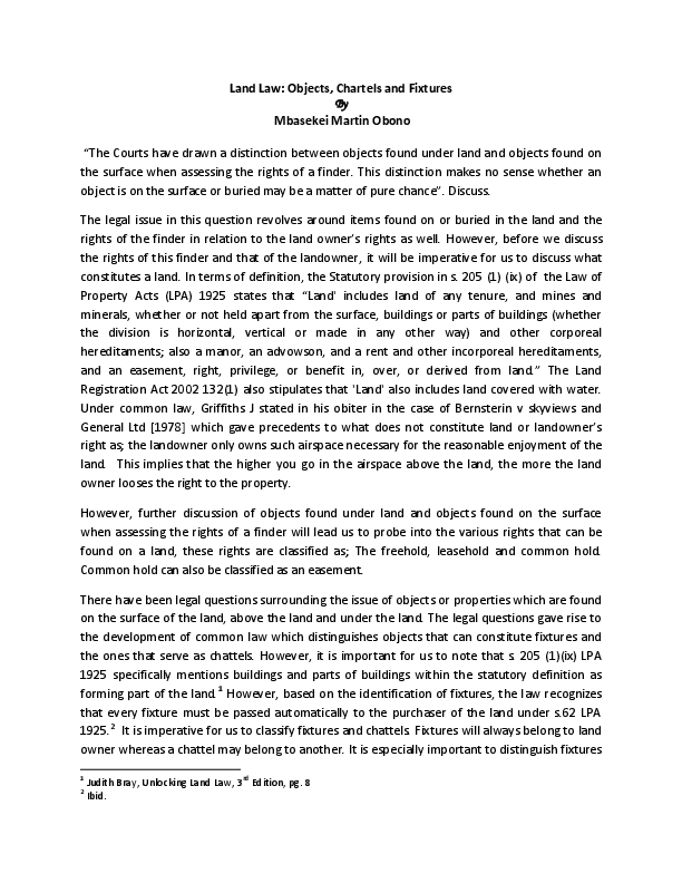 (DOC) Land Law: Objects, Chartels and Fixtures